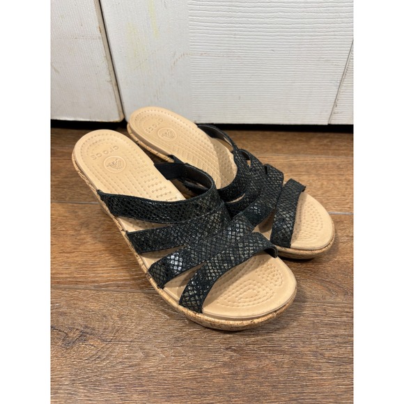 CROCS | Shoes | Crocs Black Snake Embossed Cork Wedge Slide Sandals ...